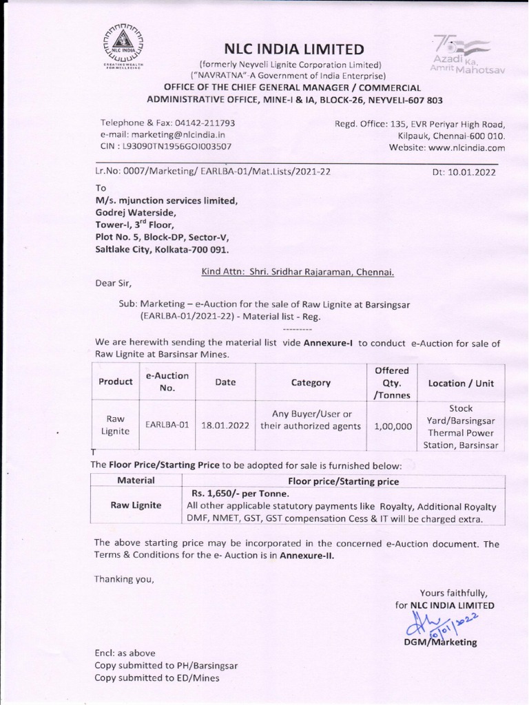 1st Raw Lignite E-Auction From NLCIL Barsingar Mines - 18 Jan 2022 | PDF