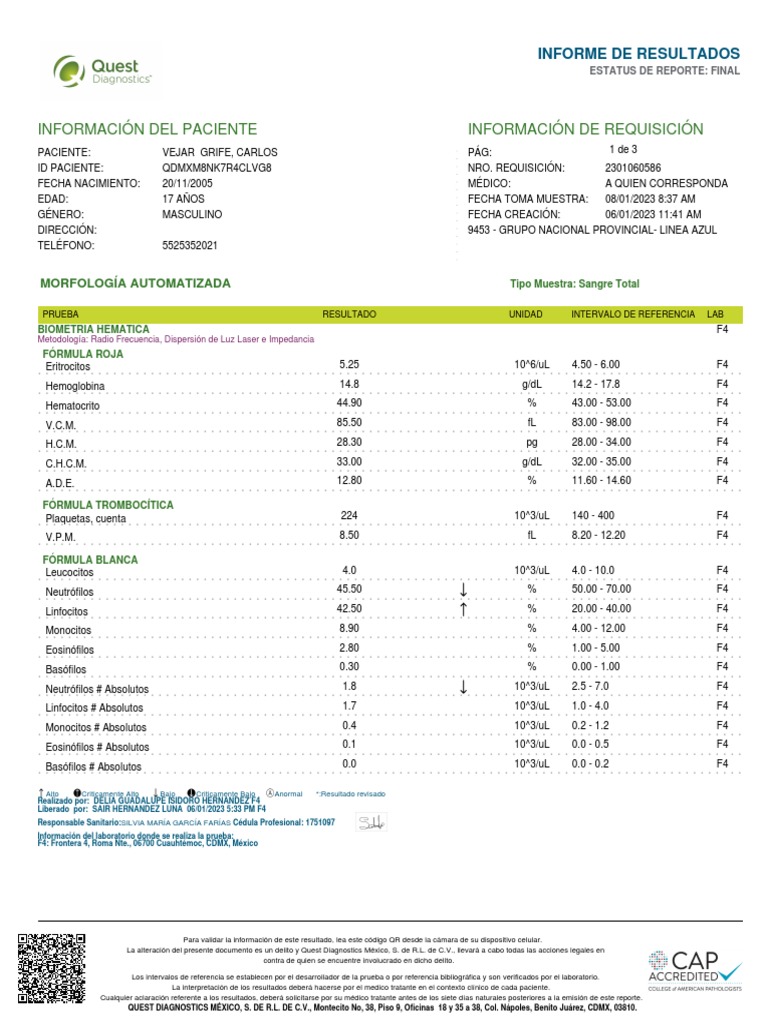 Resultados de Laboratorio Quest Diagnostics | PDF | Especialidades ...