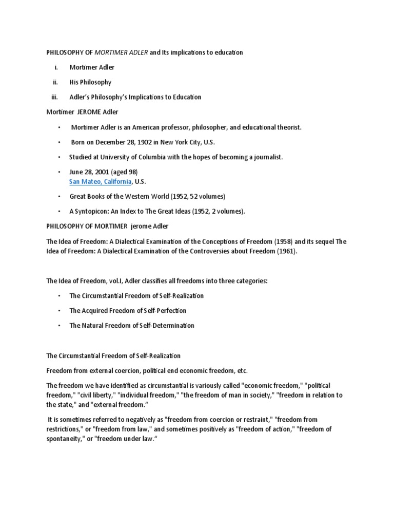 PHILOSOPHY OF MORTIMER ADLER and Its Implications To Education | PDF ...