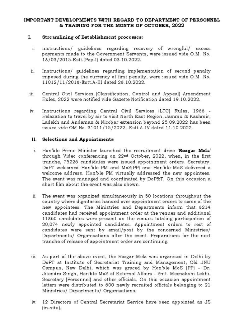 Monthly DO From DoPT | PDF | Government | Public Administration