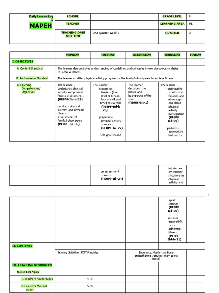 Q2 Grade 8 PE DLL Week 1 | PDF | Physical Fitness | Learning
