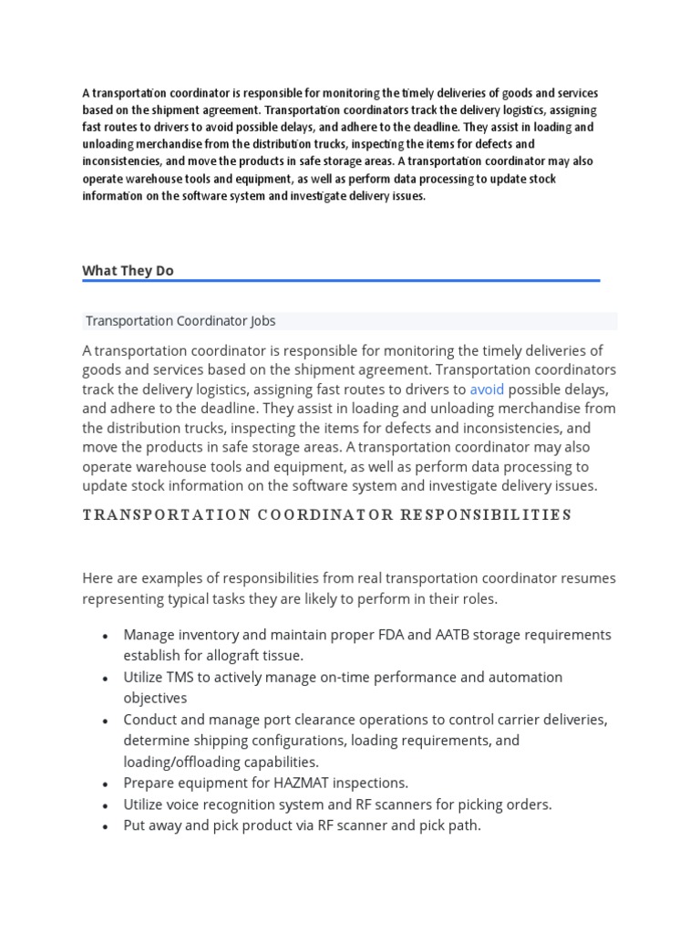 What They Do: Transportation Coordinator Responsibilities | PDF ...