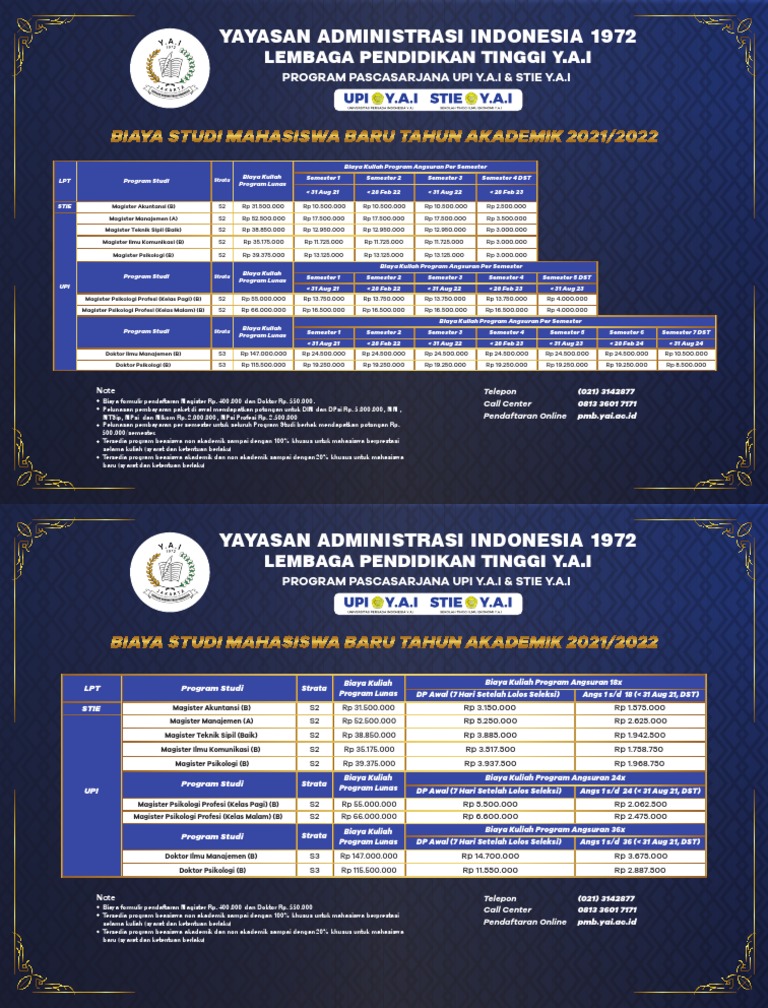 Biaya Kuliah Program Pascasarjana YAI | PDF