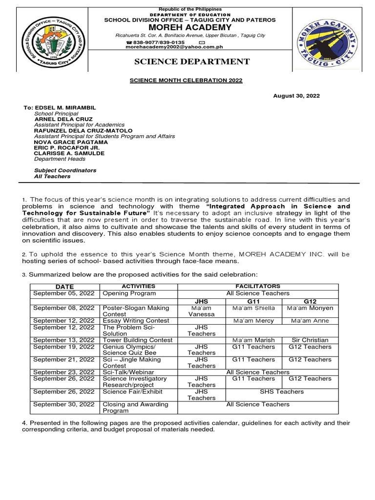 SCIENCE MONTH PROPOSAL Converted 1 1 | PDF | Middle Schools | Science