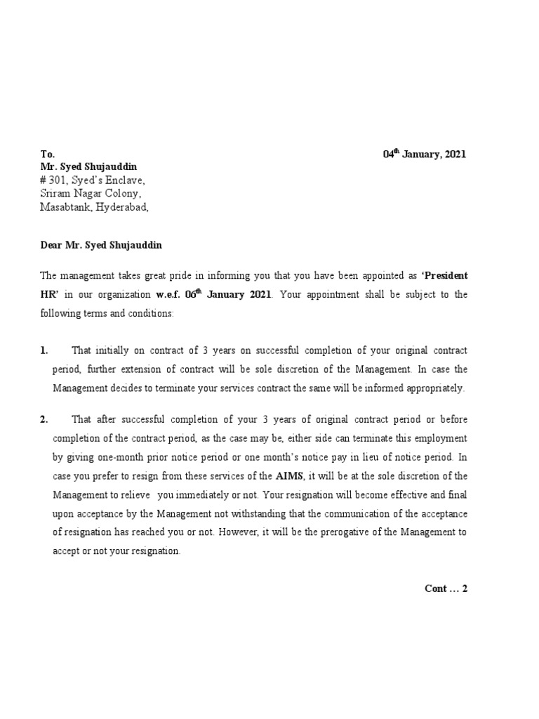 Appointment Letter (On Contract) Part 1 | PDF