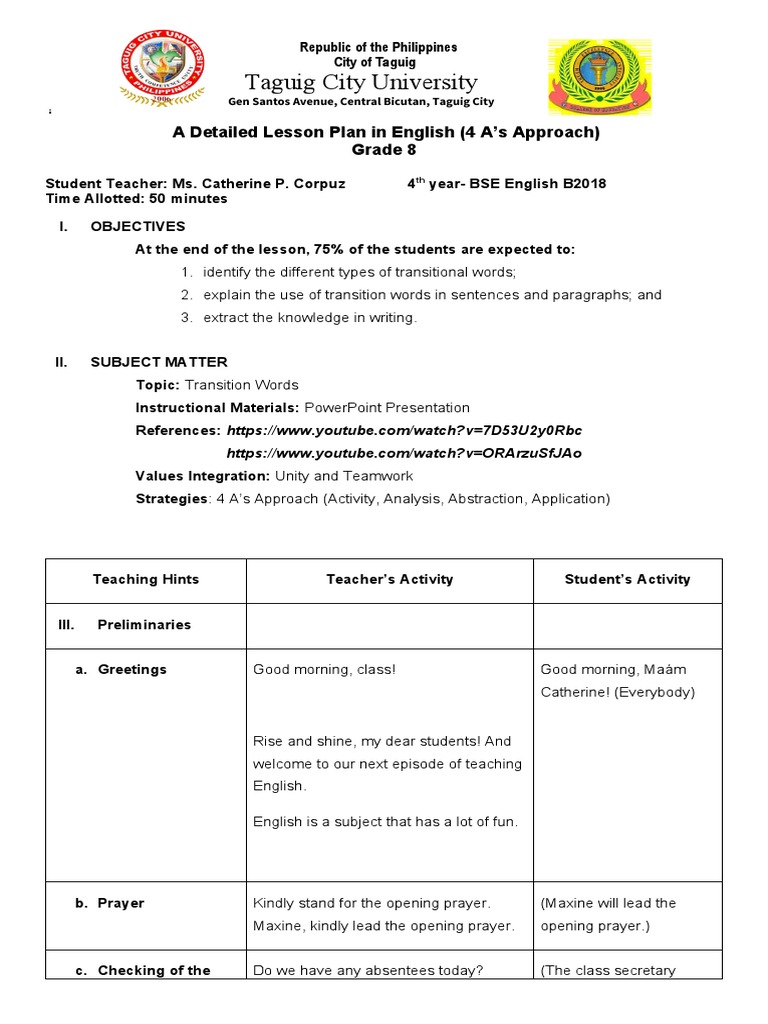 Grade 8 Lesson Plan: Transition Words | PDF | Lesson Plan
