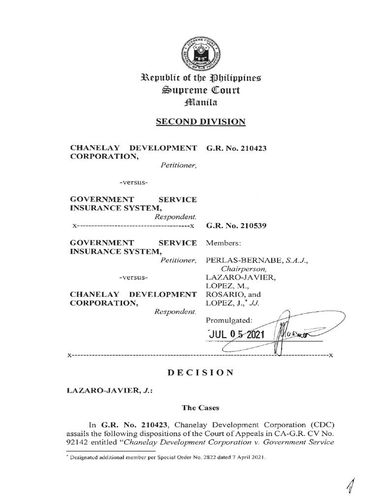 Chanelay Development Corporation vs. Government Service Insurance ...