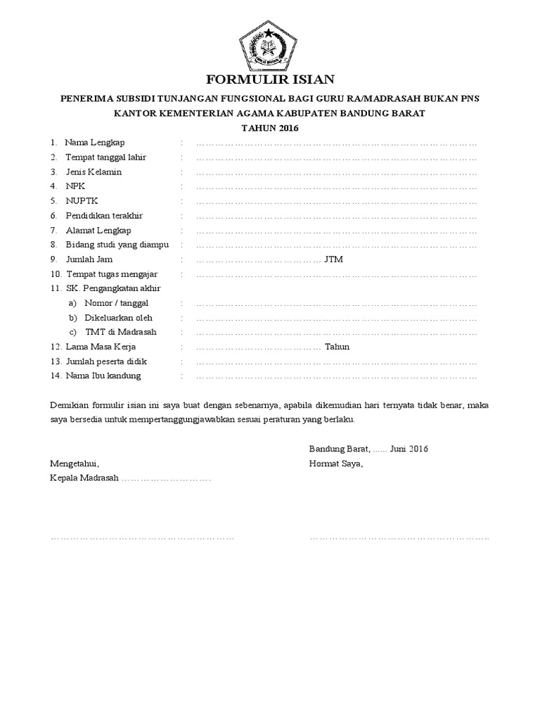 Formulir Penerima Subsidi Guru 2016 | PDF | Karier & Perkembangan ...