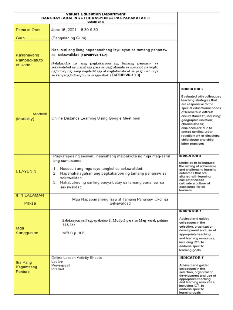 EsP 8 Lesson Plan Quarter 4 SEKSWALIDAD | PDF