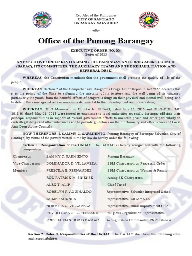 Executive Order No. 004 S. 2023 - REVITALIZING THE BARANGAY ANTI-DRUG ...