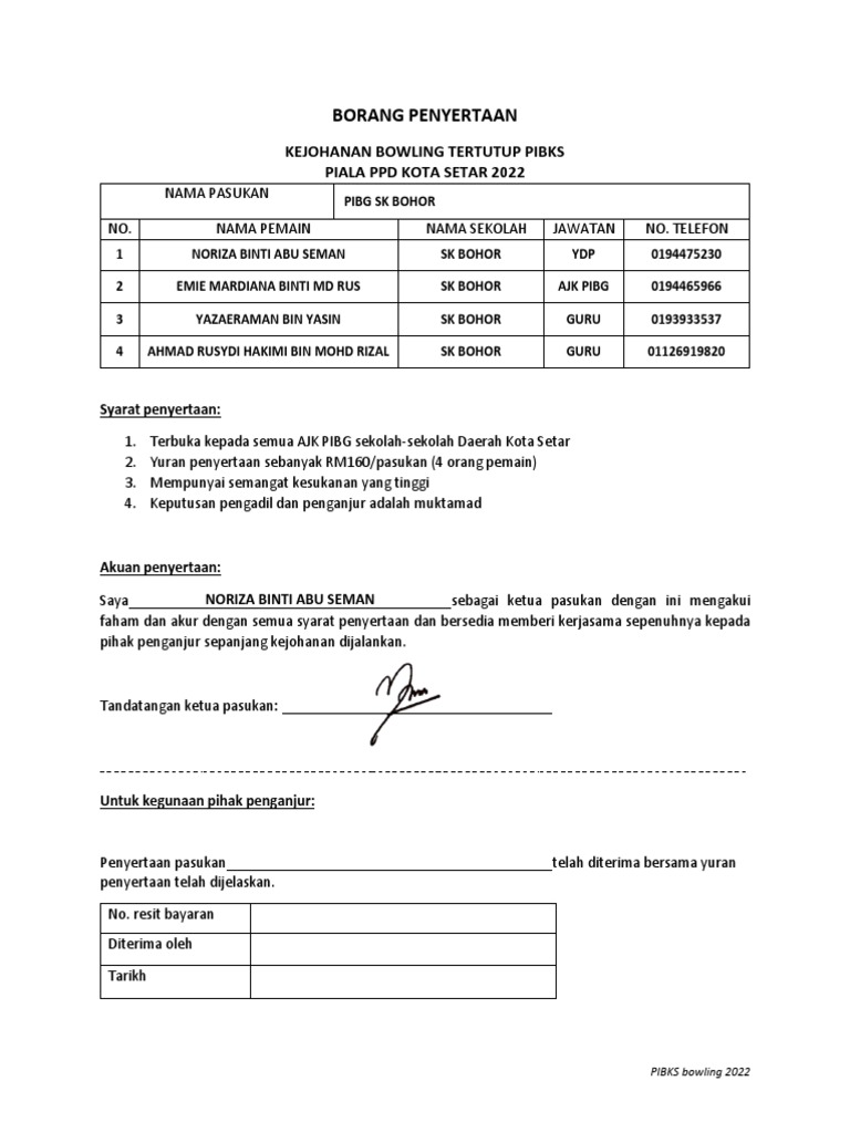 Borang Penyertaan Bowling SK Bohor | PDF