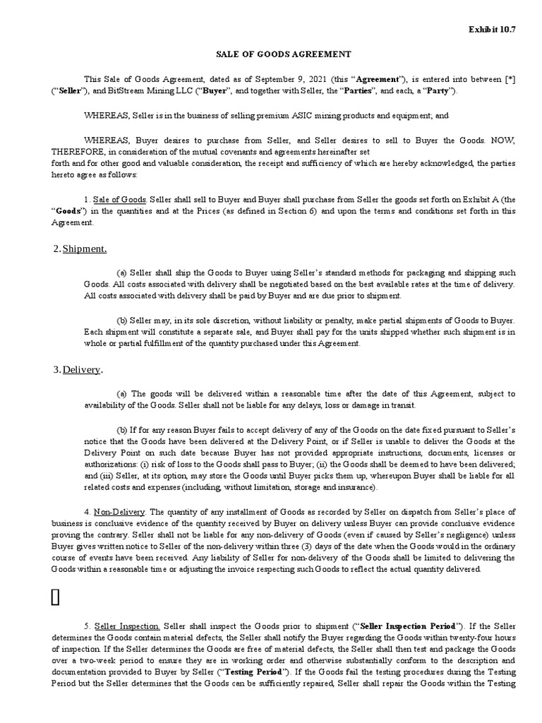 Law - Insider - Agora Digital Holdings Inc - Sale of Goods Agreement - Filed - 19 11 2021 ...