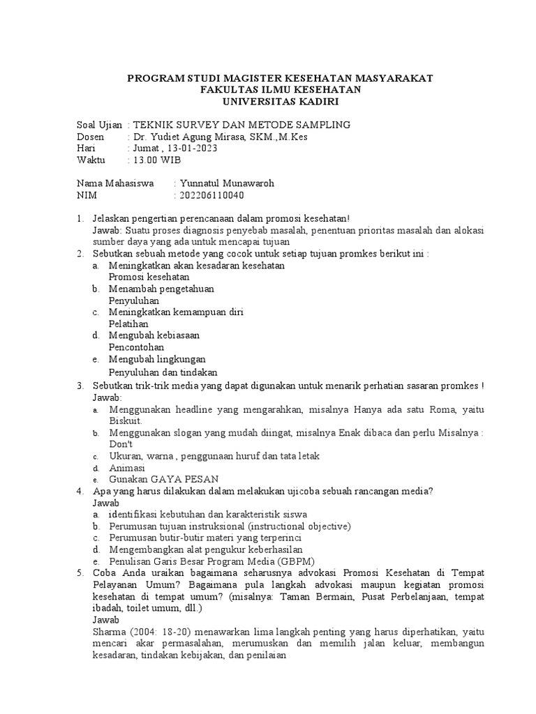 UAS Yunnatul M (Tekhnik Survey Dan Metode Sampling - Pak Yudiet) | PDF ...