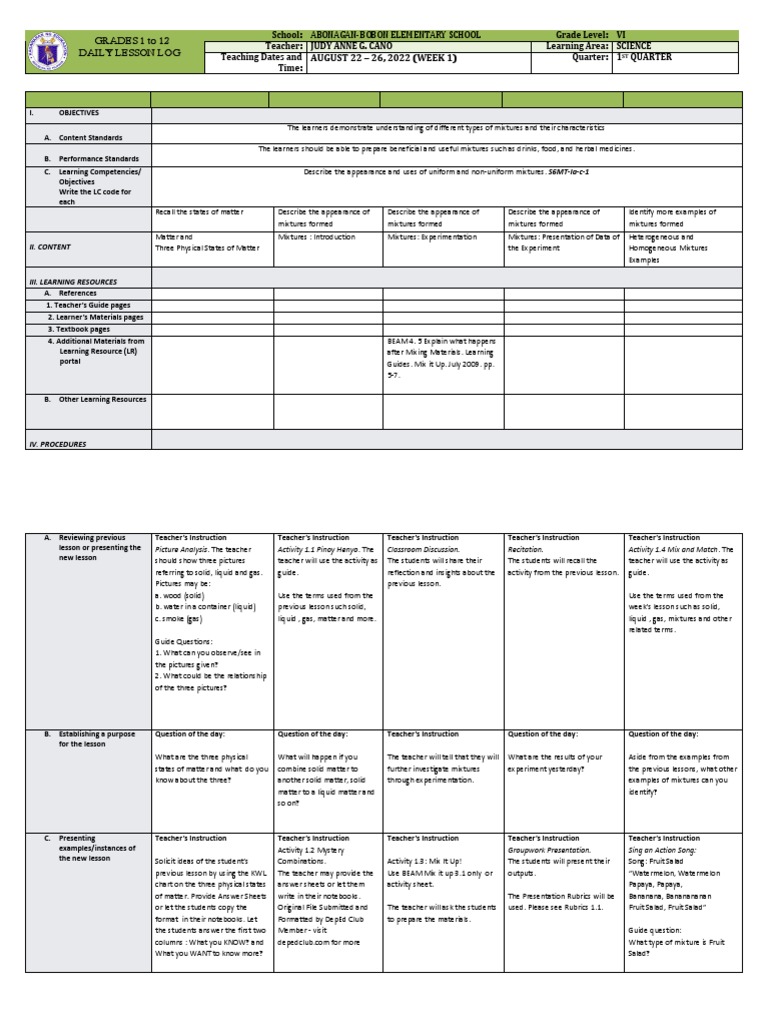 DLL - Science 6 - Q1 - W1 | PDF | Mixture | Teachers