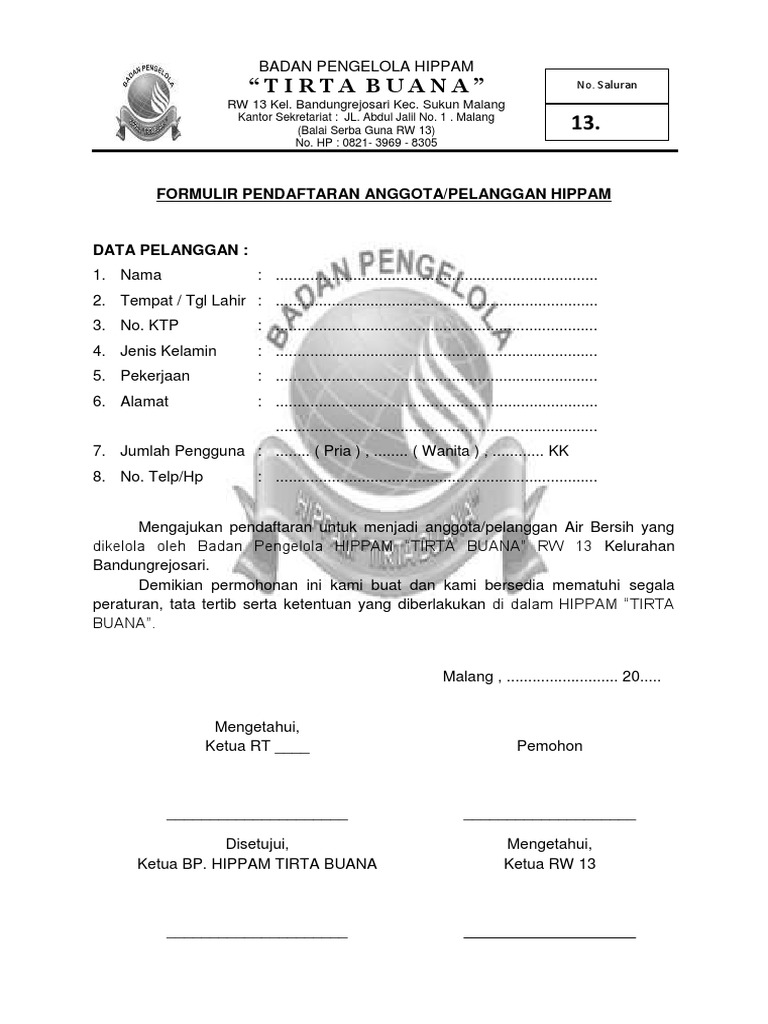 Pendaftaran Anggota HIPPAM Tirta Buana | PDF