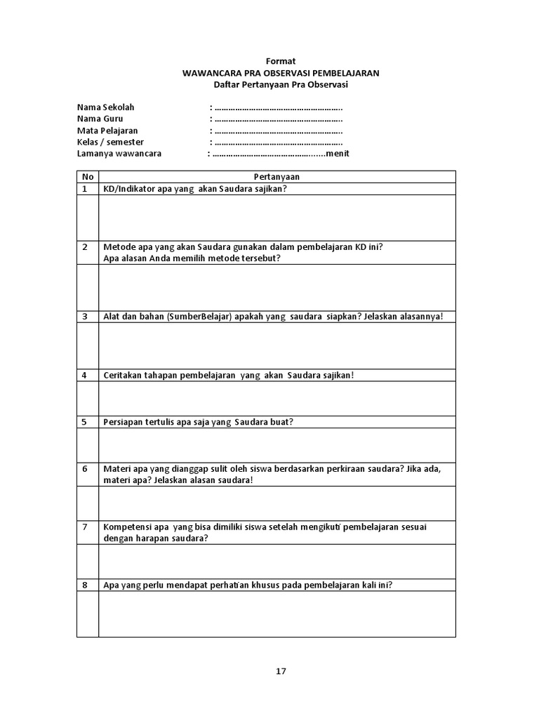 Format WAWANCARA PRA OBSERVASI DAN Pasca Supervisi | PDF