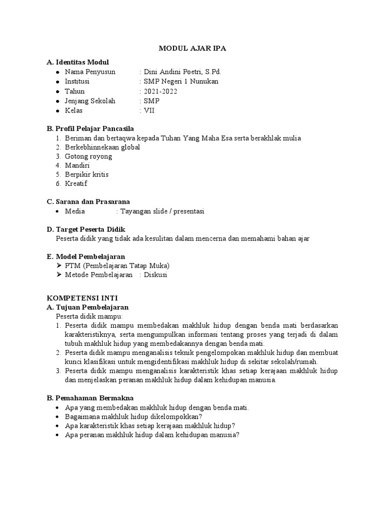Modul Ajar IPA Kelas VII SMP | PDF