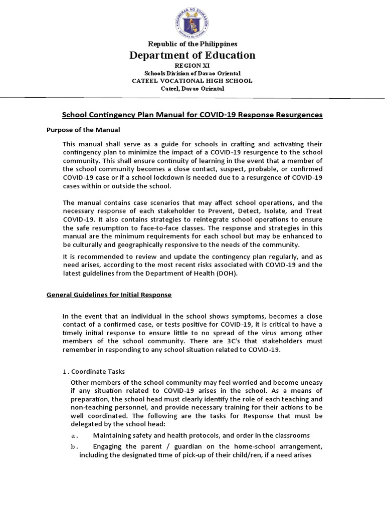 COVID-19 School Contingency Plan Guide | PDF | Infection | Quarantine