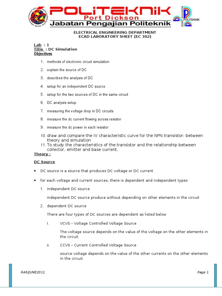 Lab 1 DC Simulation | PDF | Direct Current | Electrical Network