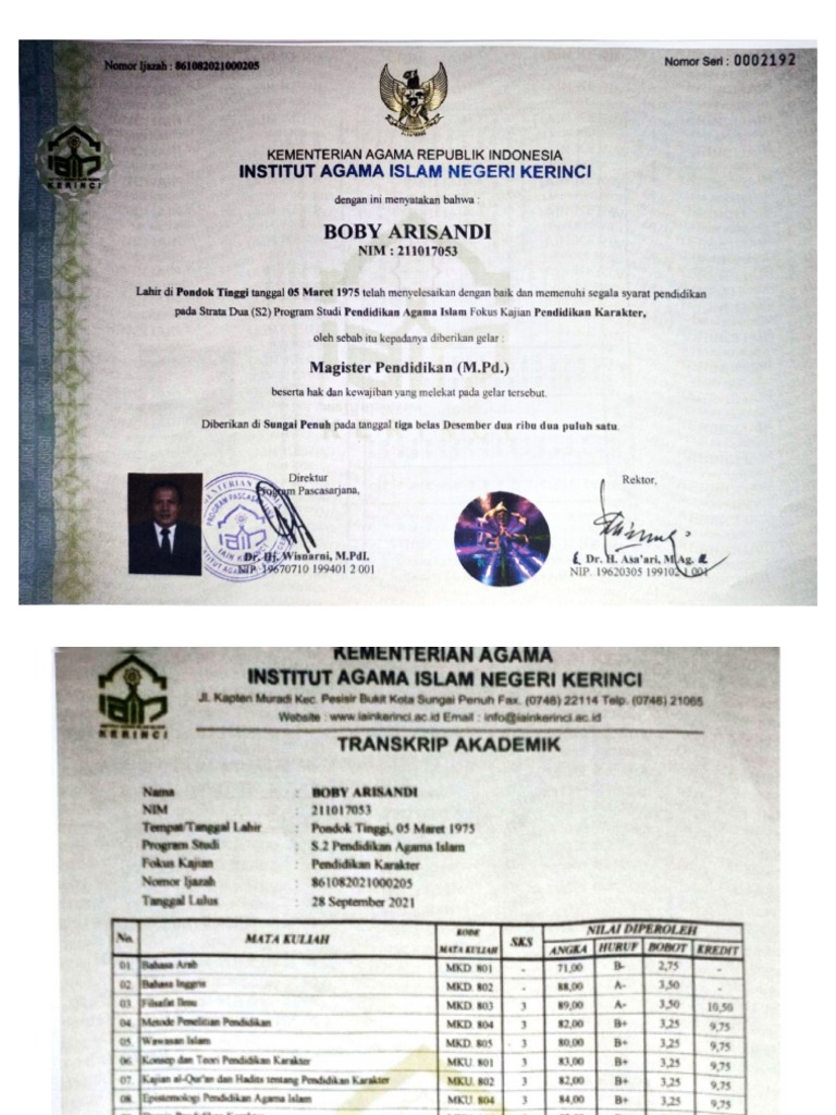 BOBY ARISANDI, Ijazah Dan Transkrip Akademik | PDF