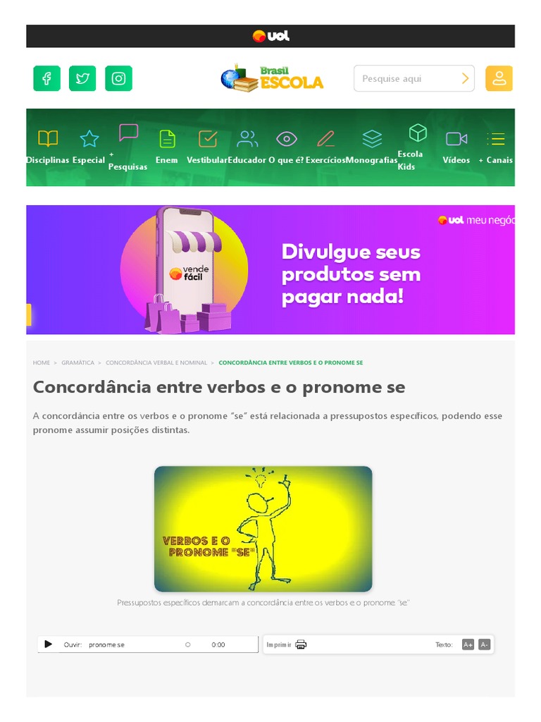 Concordância Entre Verbos e o Pronome Se - Brasil Escola | PDF ...