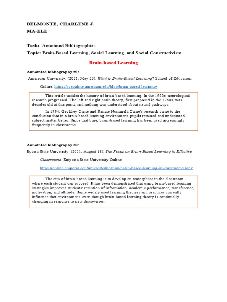 Anotated Bibliographies For Brain-Based Learning, Social Learning and ...