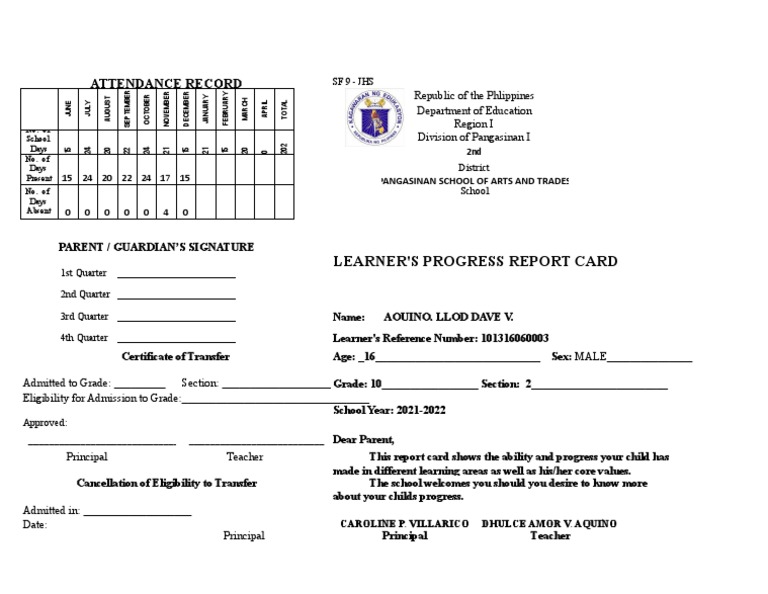 SF 9 - JHS (Learner's Progress Report Card B) .XLSX - Sheet2 | Download ...