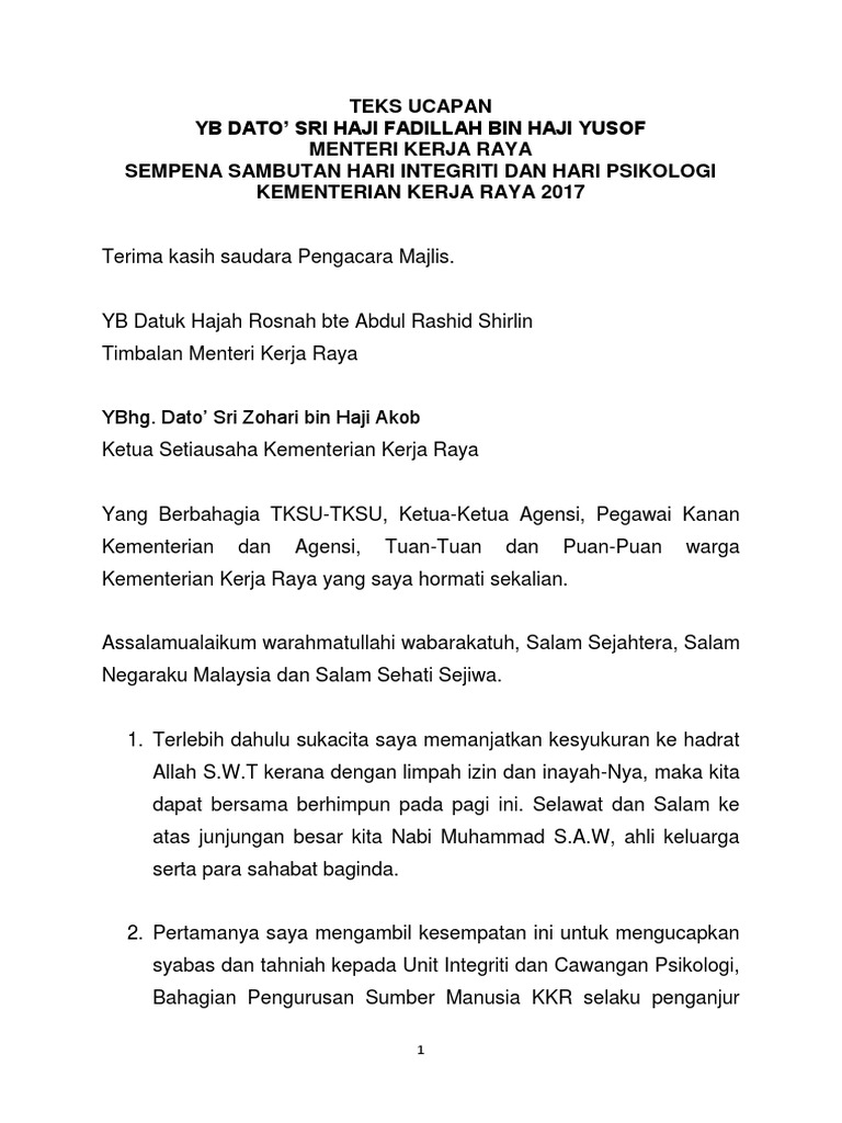 Teks Ucapan YBM - Hari Integriti Dan Hari Psikologi 2017 | PDF