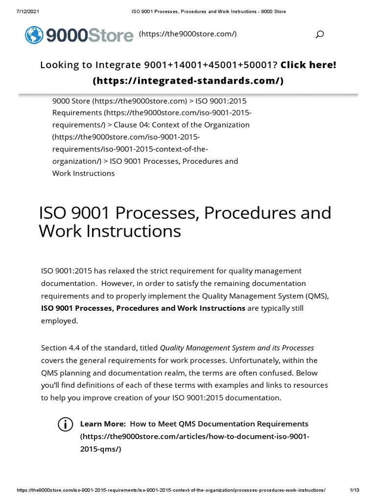 ISO 9001 Processes, Procedures and Work Instructions | PDF | Iso 9000 ...