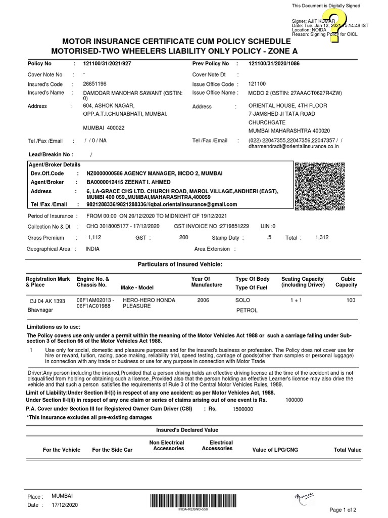 Motor Twowheeler Pol | PDF | Insurance | Car