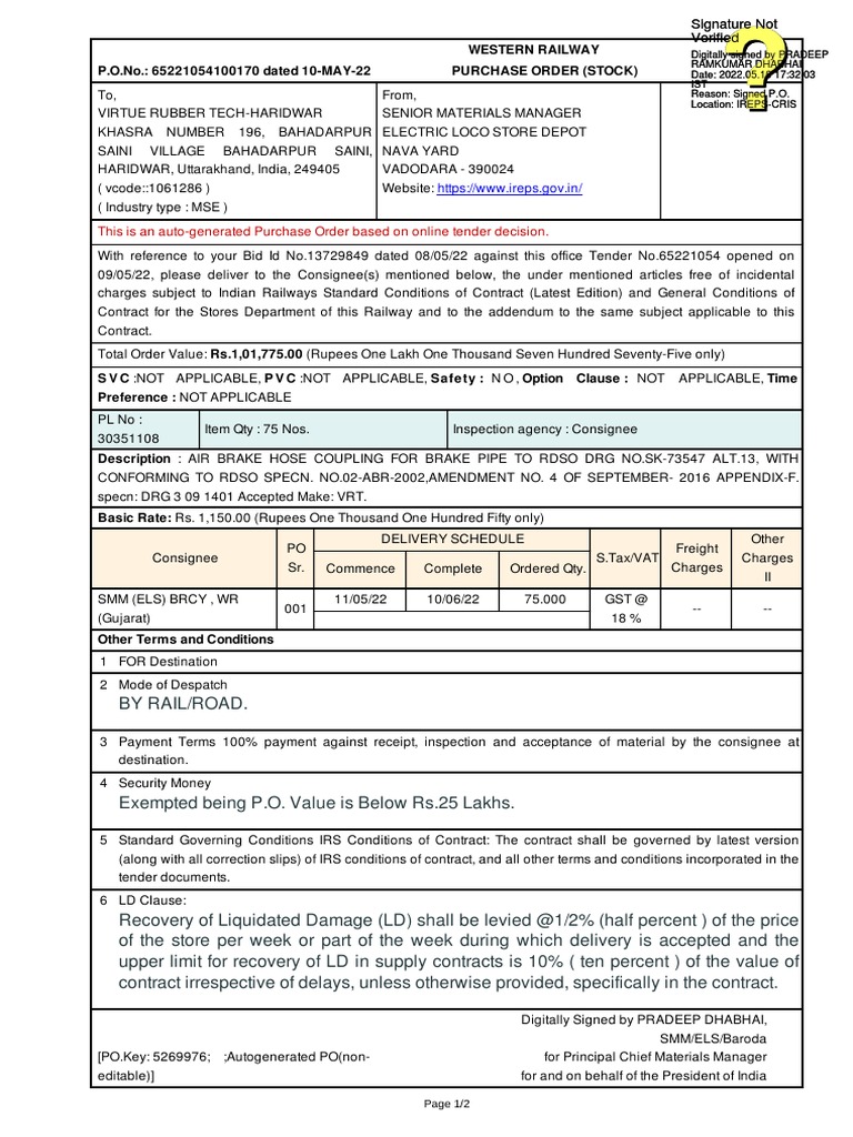 Purchase Order for Vadodara Loco Shed | PDF | Receipt | Payments