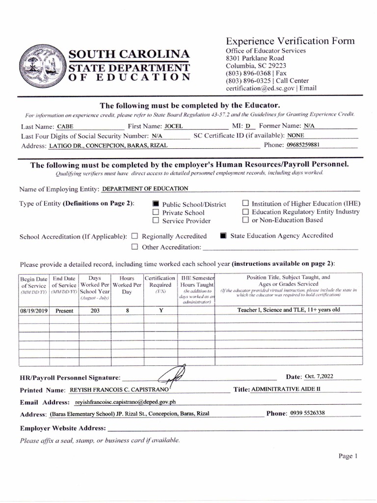 Experience Verification Form | PDF