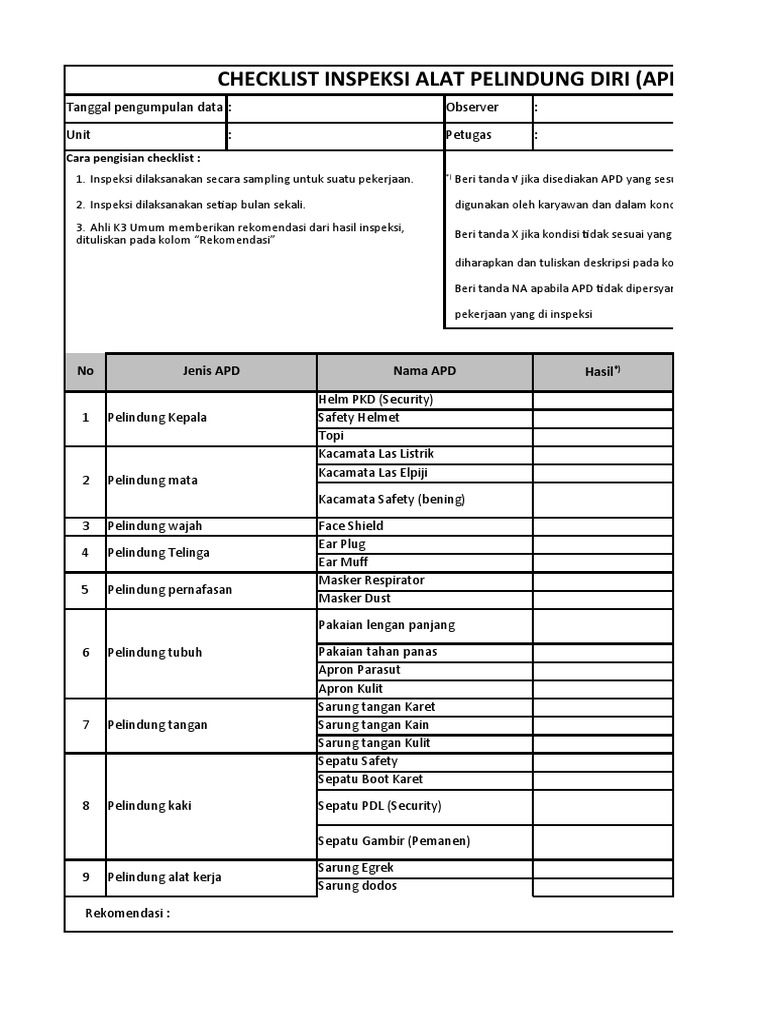 Checklist Inspeksi APD Bulanan | PDF