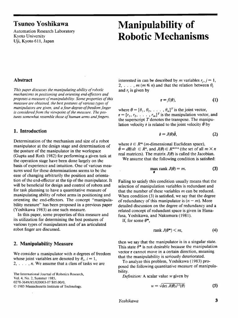 Manipulability: of Robotic Mechanisms | Download Free PDF | Velocity | Measure (Mathematics)