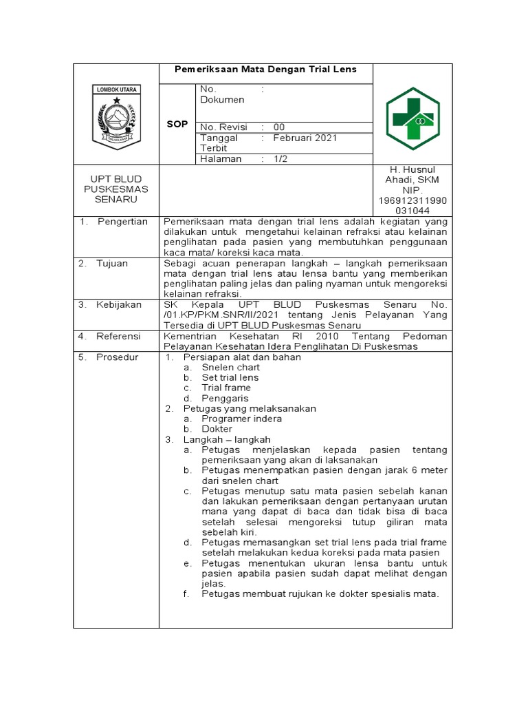 SOP Pemeriksaan Mata Dengan Trial Lens | PDF