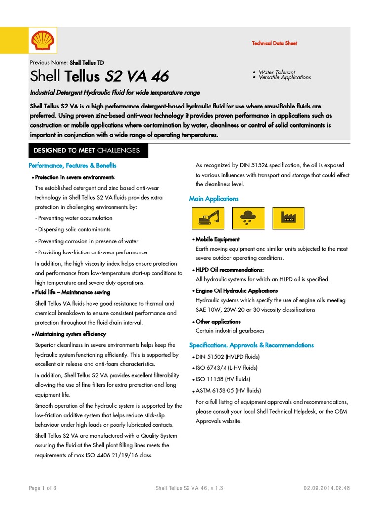 Shell Tellus S2 VA 46 Hydraulic Fluid | PDF | Motor Oil | Viscosity