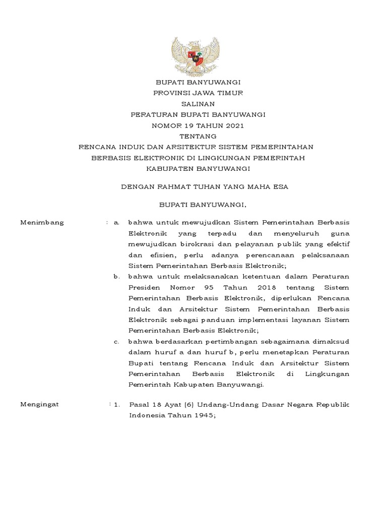 Perbup No 19 Tahun 2021 Dan Lampiran Draft Perbup Rencana Induk Spbe II | PDF