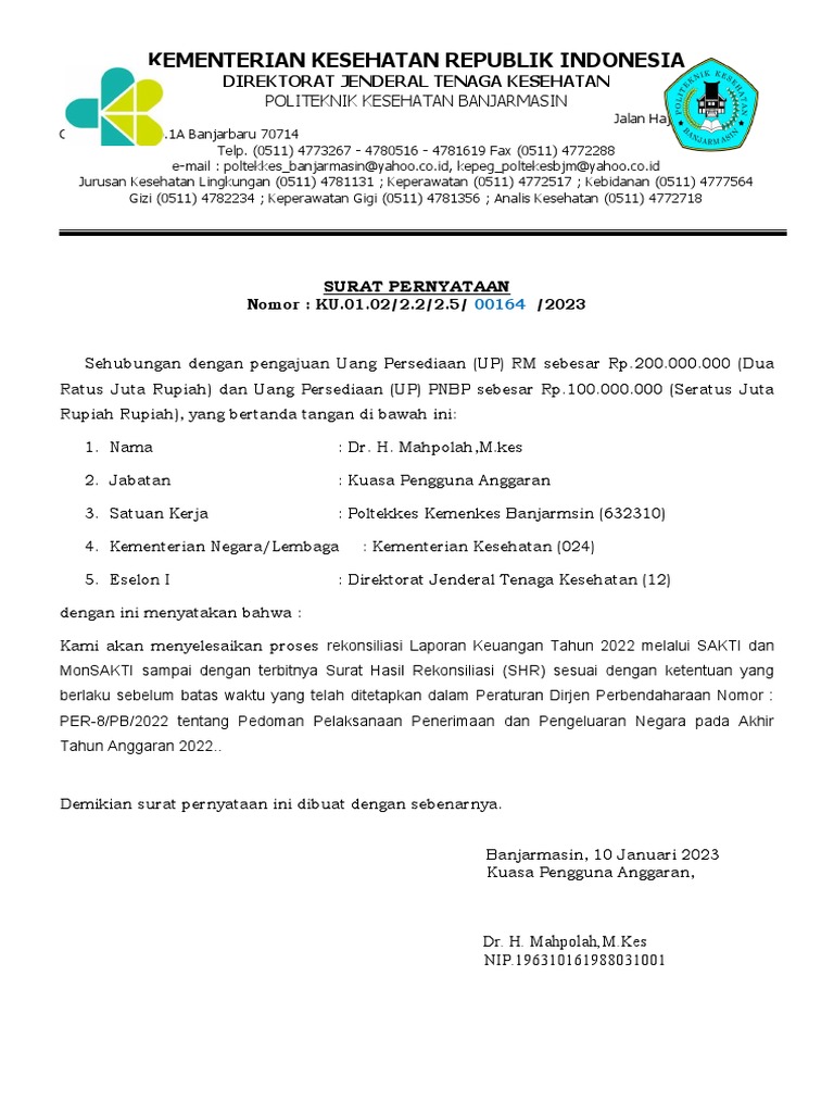 Surat Pernyataan Kpa Menyelesaikan Rekon 2022 | PDF