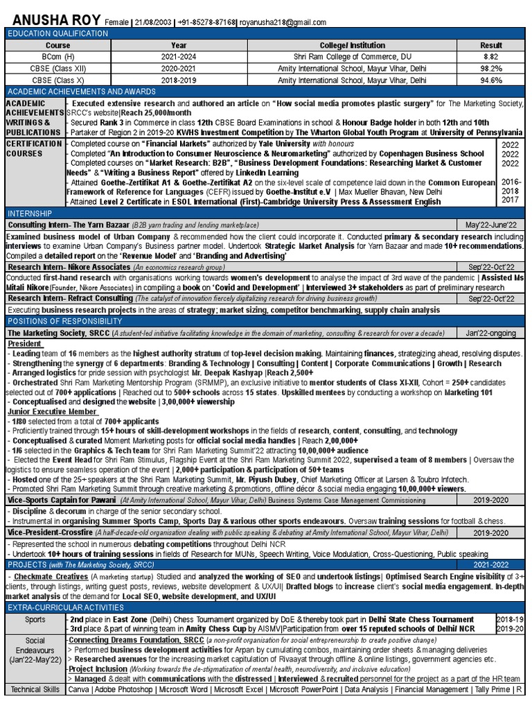 Anusha's Resume | PDF | Marketing | Consultant