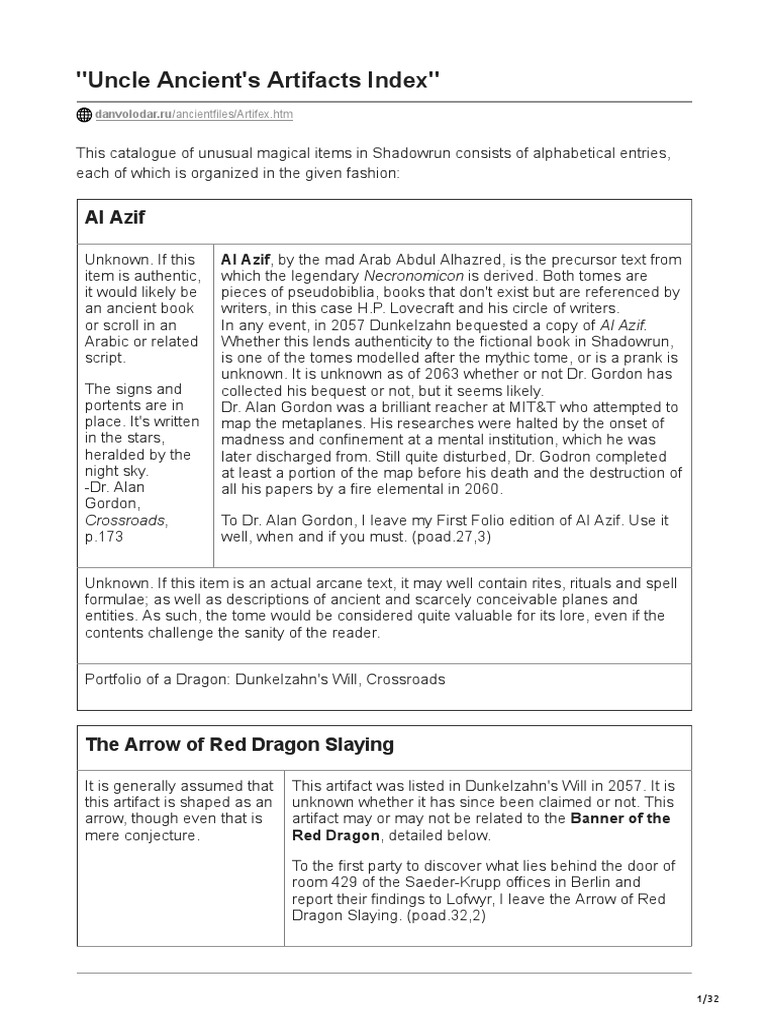 Uncle Ancients Artifacts Index | PDF
