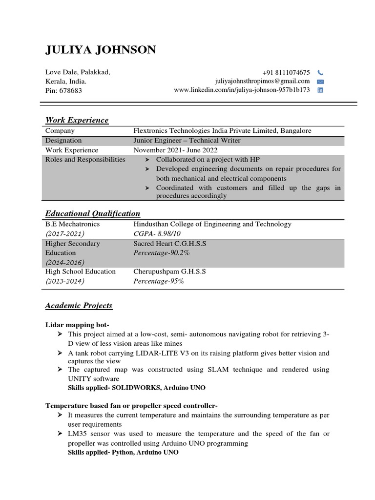Juliya Johnson: Mechatronics Engineer CV | PDF | Robot | Robotics
