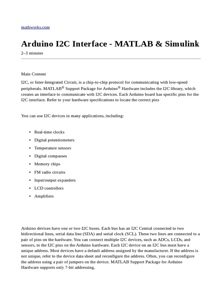 Arduino I2C Interface - MATLAB & Simulink | PDF