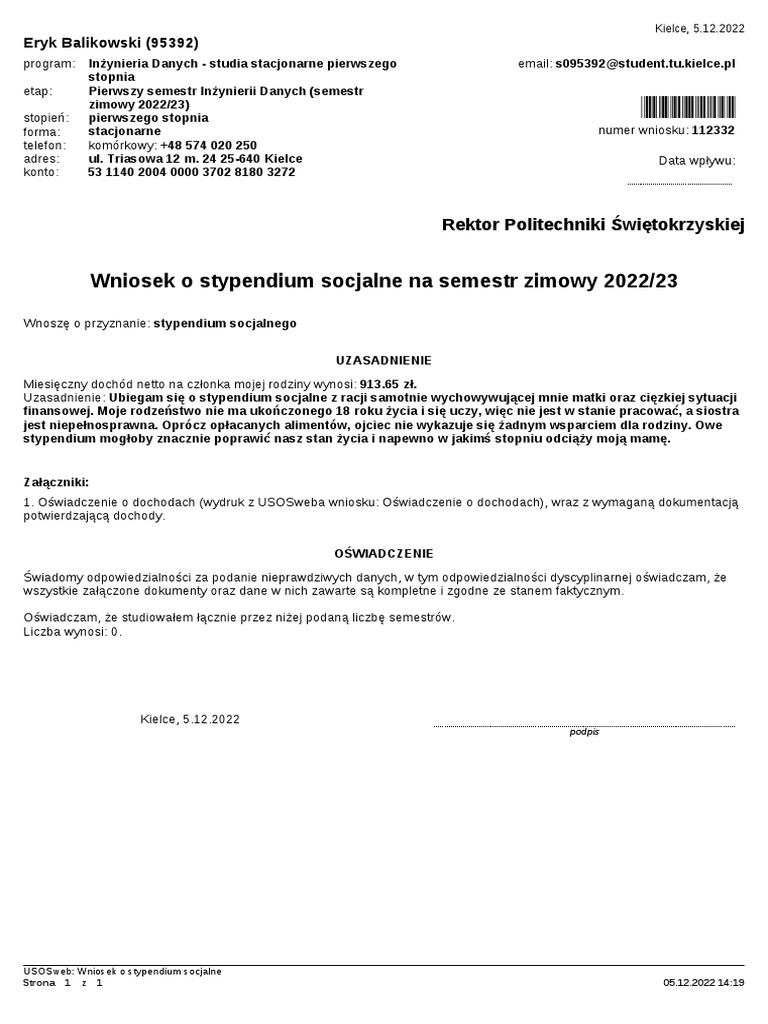 Wniosek o Stypendium Socjalne 2022-12-05 | PDF