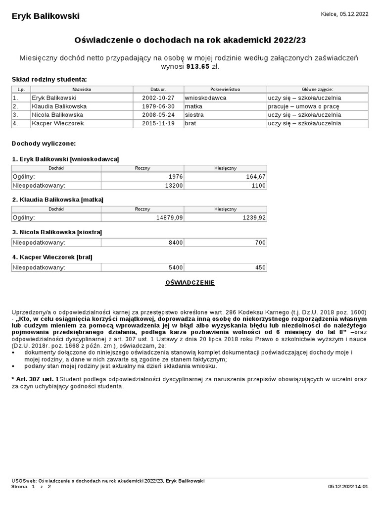 Oswiadczenie o Dochodach 2022-12-05 | PDF