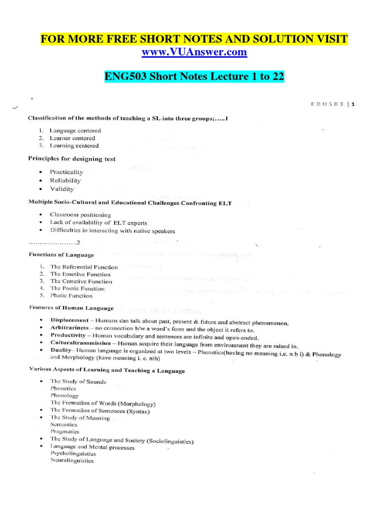 ENG503 Short Notes Lesson 1-22 | PDF | Phonetics | Educational Assessment