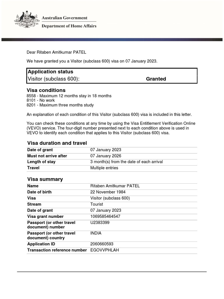 IMMI Grant Notification | PDF | Travel Visa | Government And Personhood