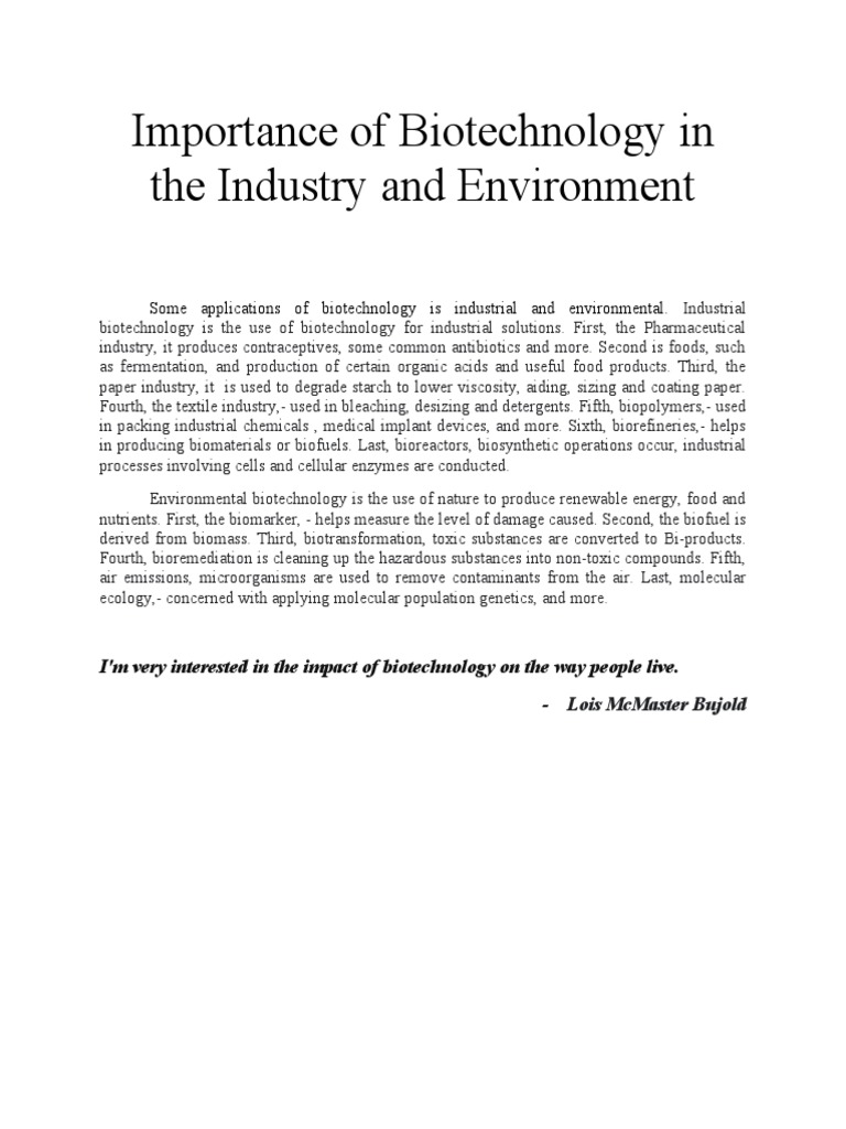 Importance of Biotech in The Industry and in The Environment | PDF