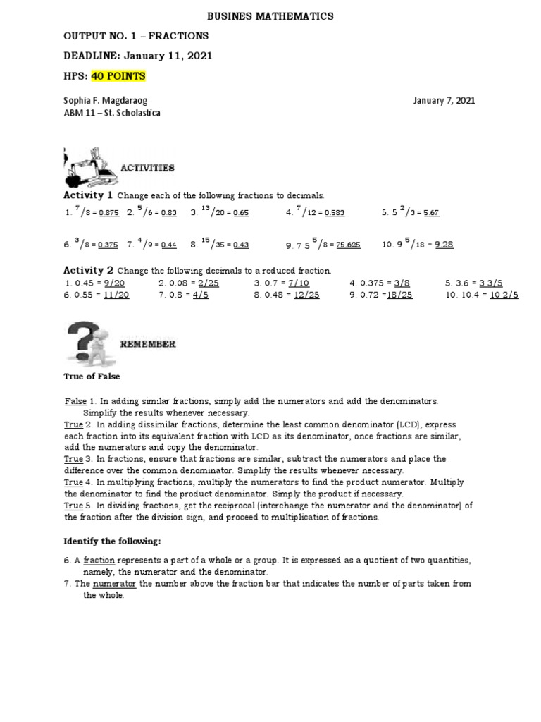Bus Math Q3 M1 (Output No. 1 - W1 - Fractions) | PDF | Mathematical ...