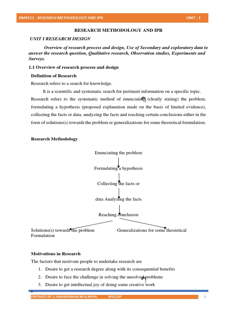Unit I Research Design | PDF | Sampling (Statistics) | Experiment