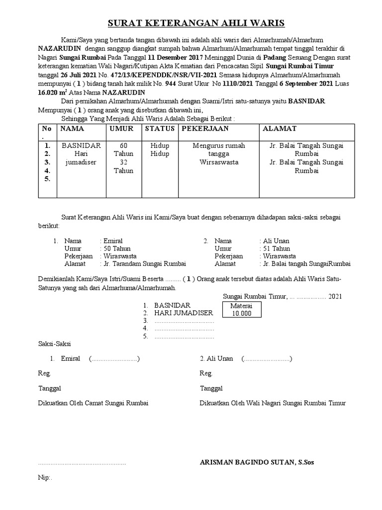 Surat Keterangan Ahli Waris | PDF